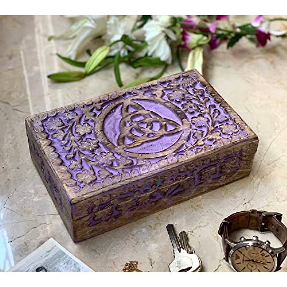 Great Birthday Gift Ideas Handmade Decorative Wooden Jewelry Box Treasure Box Jewelry Organizer Keepsake Box Treasure Chest Trinket Holder Lock Box Watch Box 8 x 5 Inch Gift Ideas (Violet)