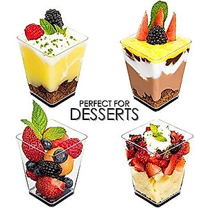DLux 40 x 5 oz Mini Dessert Cups with Lids and Spoons, Square Large - Clear Plastic Parfait Appetizer Cup - Small Reusable Serving Bowl for Tasting Party Desserts Appetizers - Recipe Ebook