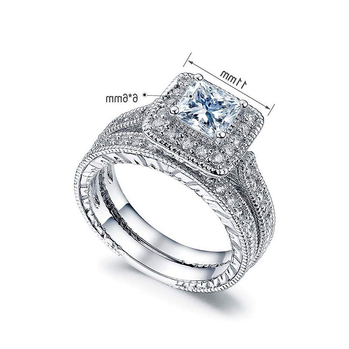 Square Cubic Zirconia Bridal Set Princess Cut CZ Jewelry Engagement Wedding Rings Set (Sliver 7)