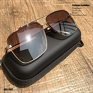 Square polarized sunglasses for men - Oversized Aviator Metal Frame - Gradient UV Protection Lenses (Gold | Brown Gradient)