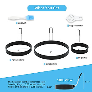 Ameupin 8" Omelet Ring, 6" Pancake Ring, 3.5" Egg Ring for Griddle Frying Eggs (Upgrade Large 3 Pack Stainless Steel Non Stick Round Cooking Rings Molds with Oil Brush and Egg Separator)