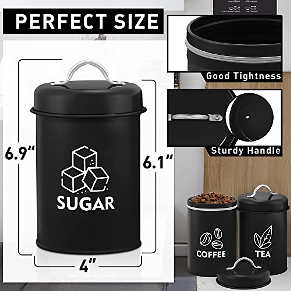 E-far Canister Sets for Kitchen Counter, 3-Piece Metal Coffee Sugar Tea Canister with Airtight Lid for Food Storage, Farmhouse Style & Small Size (6.1” x 4”)-Black