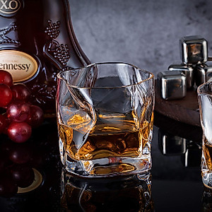 YouYah Whiskey Glasses Set, Crystal Whisky Glasses with 4 Stainless Steel Ice Cubes and Ice Tong, Gifts for Men, Lowball Bar Glass for Brandy, Cocktail, Vodka, Cognac