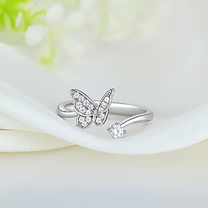 JO WISDOM Women Ring,925 Sterling Silver AAA Cubic Zirconia Butterfly Promise Wedding Engagement Open Rings Adjustable for Women size 5