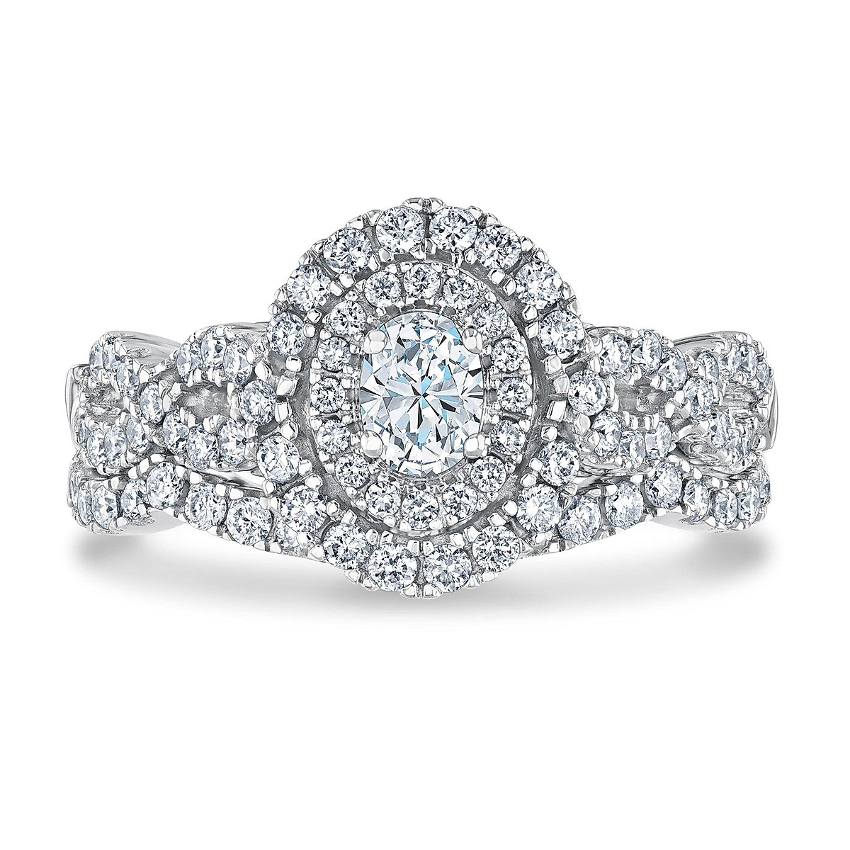 1ctw Oval Diamond Double Halo White Gold Engagement Ring and Wedding Band Set | Couture Collection - Size 6