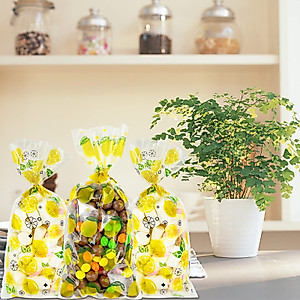 100pcs Lemon Cellophane Bags Lemon Favor Bag Lemon Party Treat Bags Summer Goodie Bags Plastic with Ties for Candy Buffet Summer Yellow Lemon Theme Birthday Party