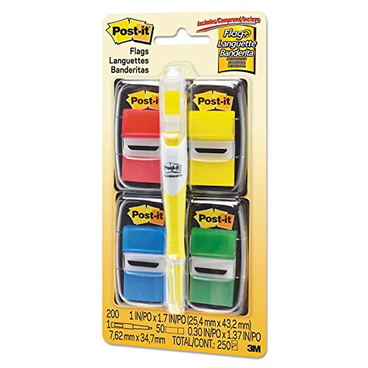 Post-it 680RYBGVA Flags, 1-Inch, Bonus Pack Pen, Highlighter, 250/PK, Assorted