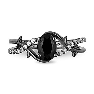Jewelili Enchanted Disney Fine Jewelry Black Rhodium Over Sterling Silver 7x5MM Oval Black Onyx and 1/10 Cttw Diamonds Maleficent Ring