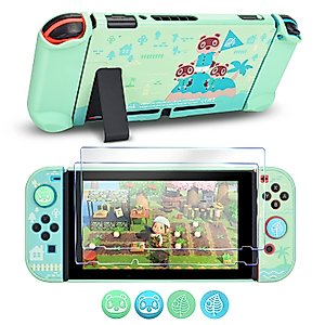 DLseego Protective Case Design for Switch Model, Newest Pattern Animal Crossing Design Cover Case with 2 Pcs Glass Screen Protectors and 4 Pcs Cute Thumb Grip Caps Green Accessories Set