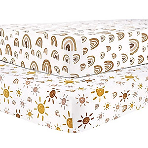 Babebay Fitted Crib Sheets for Boys and Girls, Baby Crib Sheet Neutral for Standard Crib Mattress & Toddler Bed Mattress, Soft and Safe Jersey Knit Cotton, 2 Pack (Rainbow and Sun)