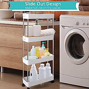 Slim Storage Cart, 4 Tier Bathroom Rolling Utility Cart Storage Organizer, White Slide Out Rolling Cart with Wheels, Rolling Storage Cart for Kitchen Bathroom Laundry Narrow Places…