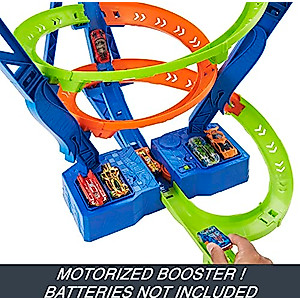 Hot Wheels Toy Car Track Set Spiral Speed Crash, Powered by Motorized Booster, 29-in Tall Track with 1:64 Scale Car