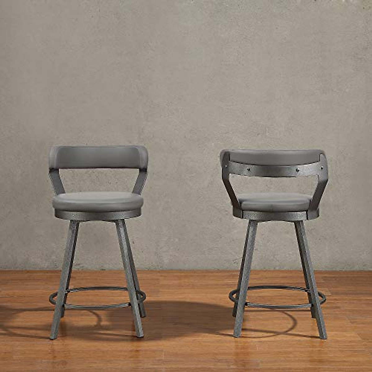 Homelegance Appert Swivel Bar Stools, Upholstered Faux Leather Seat, Back, Metal Frame, Legs, Footrest Counter Height Chair (Set of 2), 25 in SH, Gray