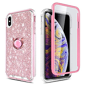 NGB Supremacy Compatible with iPhone X/iPhone Xs Case with [Built-in Screen Protector] Ring Holder/Wrist Strap, Full Body Protection, Slim Fit Shockproof Bumper Durable Cover Case (Glitter Rose Gold)