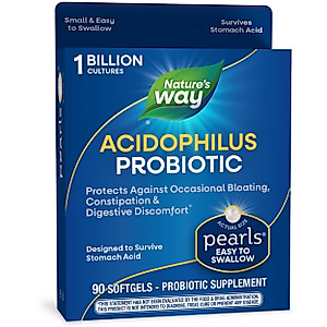 Nature's Way Acidophilus Probiotic Pearls, Supports Digestive Balance*, Protects Against Occasional Constipation and Bloating*, 1 Billion Live Cultures, 90 Softgels (Packaging May Vary)