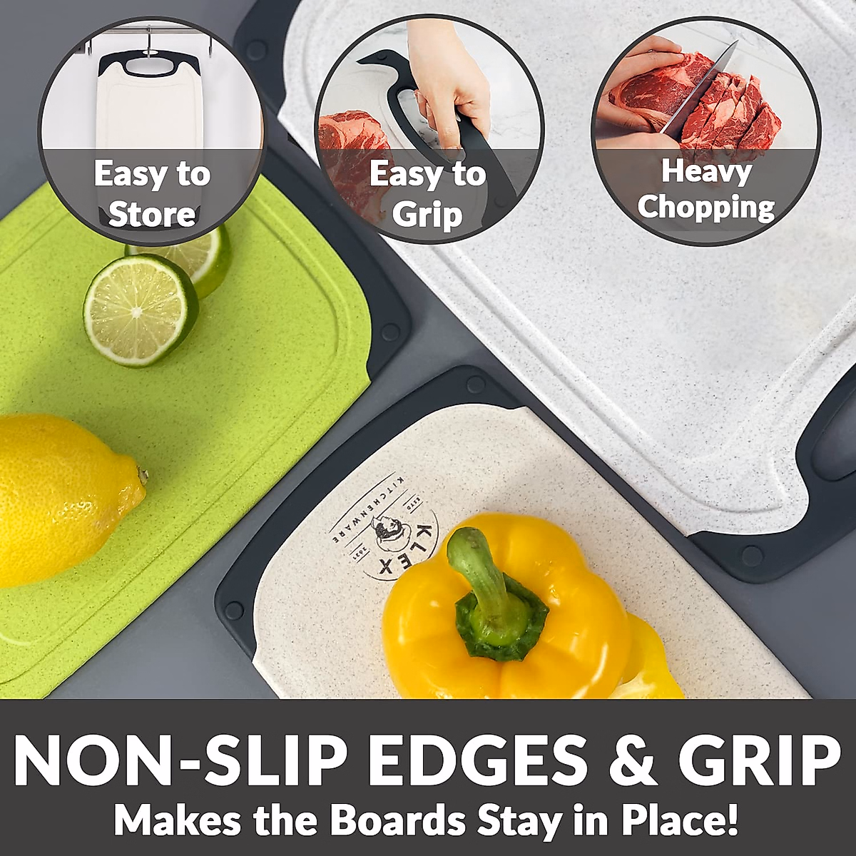 Klex EcoWheat Cutting Board for Kitchen (Set of 3), BPA Free Food Safe Wheat straw PP material, 3 Piece Chopping Boards Set, Dishwasher Safe, Juice Groove Non-Slip Design with Easy Grip Handle, Green