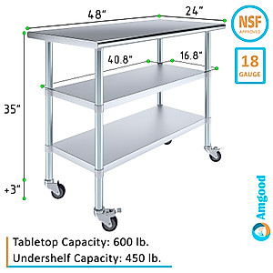 AmGood Stainless Steel Work Table with 2 Shelves and Casters | Metal Utility Table On Wheels (Stainless Steel Work Table with 2 Shelves + Casters, 48" Long x 24" Deep)