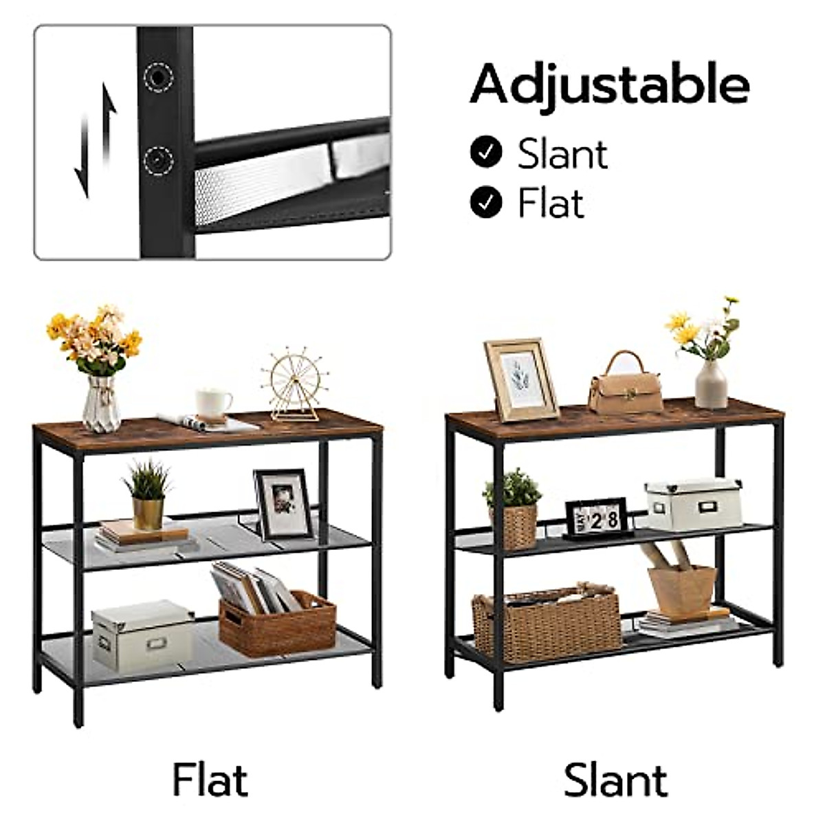 HOOBRO Console Table, Sofa Table with 2 Flat or Slant Adjustable Mesh Shelves, Hallway Table and Sideboard in Entryway, Living Room Corridor, Easy Assembly, Industrial, Rustic Brown and Black BF01XG01