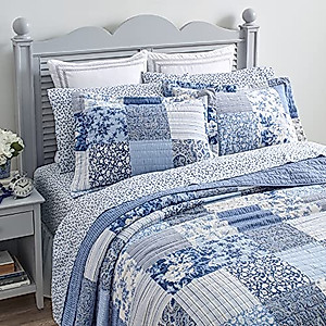 Laura Ashley - Twin Quilt Set, Reversible Cotton Bedding with Matching Sham, Farmhouse Inspired Home Decor (Paisley Printed Patchwork Blue, Twin)