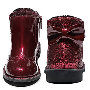 FUPPIA Girls Ankle Boots Kids Side Zipper Waterproof Boots Shiny PU Upper Dress Boot for Toddler Little Girls Red Size 12