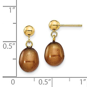 14K Yellow Gold 7mm Brown Rice Freshwater Cultured Pearl Drop Dangle Earrings