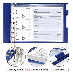 SUNEE 7 Ring Check Binder for Business Checks with Zipper Pouch, PU Leather Blue Checkbook Binder Portfolio, 600 Checks Capacity for 9 x 13 Inch Sheet, Office Folder Supplies
