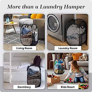 Handy Laundry Collapsible Mesh Pop Up Hamper with Wide Opening and Side Pocket – Breathable, Sturdy, Foldable, and Space-Saving Design for Clothes and Storage. (Black | 2-Pack)
