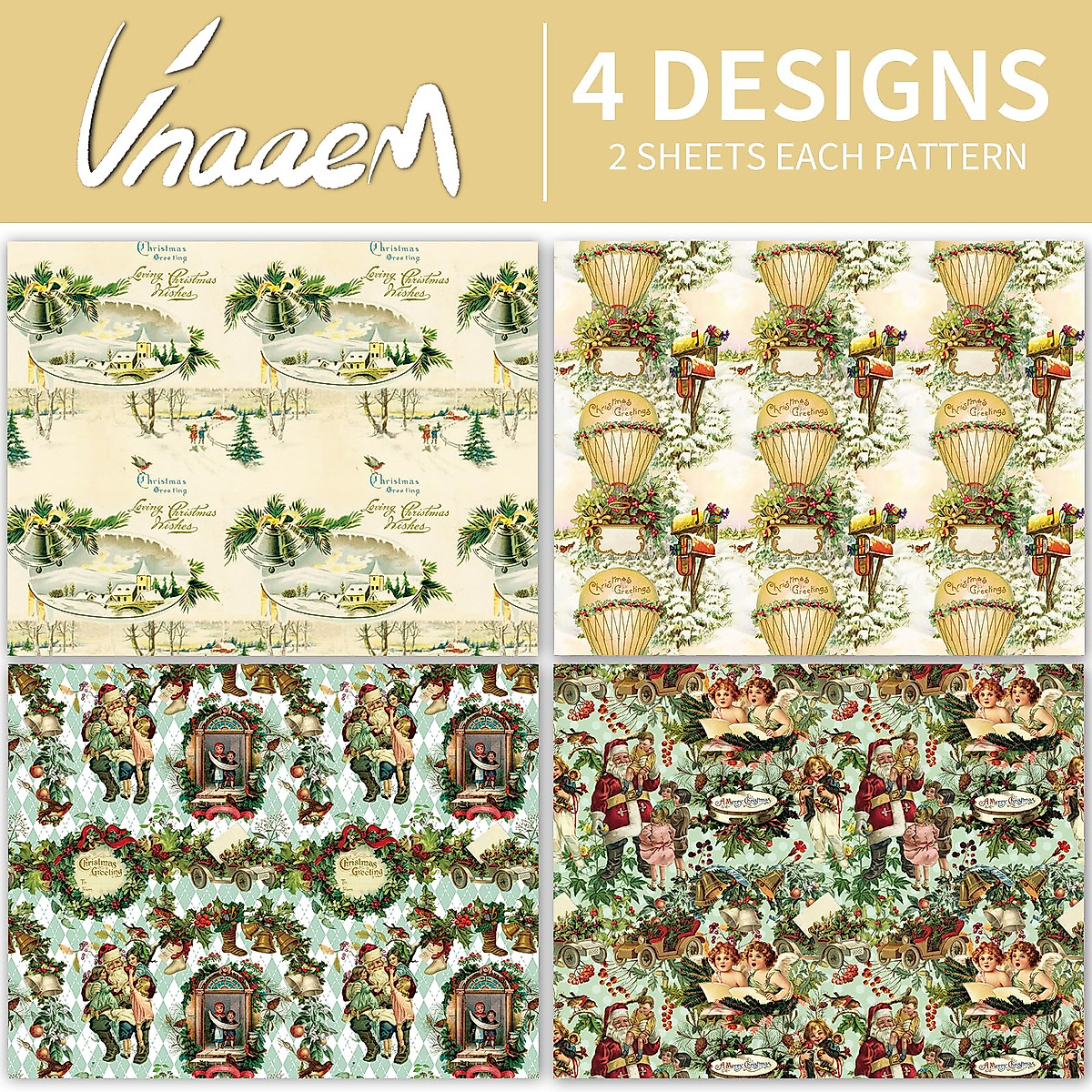 Vnaaem Vintage Christmas Wrapping Paper Retro Santa Claus Balloon Bell Gift Wrap Paper Bulk Xmas Folded Flat for Christmas Holiday Party Celebration - 20 X 28Inches Per Sheet(8 Pack)