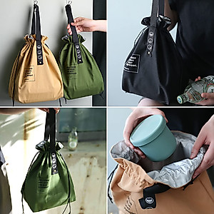 ZIIYAN Reusable Lunch Bag Insulated Handbag Tote bag with Handle and Drawstring Closure for Women Work Picnic or Travel (Black)