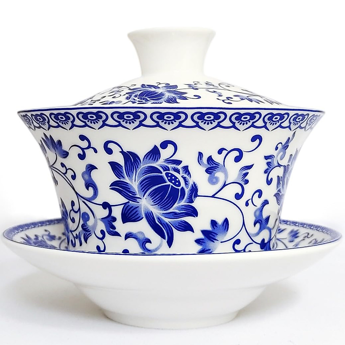 WEOPYCJ Chinese Gaiwan Tea Cup, Asian Traditional Porcelain Kungfu Handleless Tea Cup with Lid and Saucer 6.8Oz, China Classic Gaiwan (Blue Lotus)