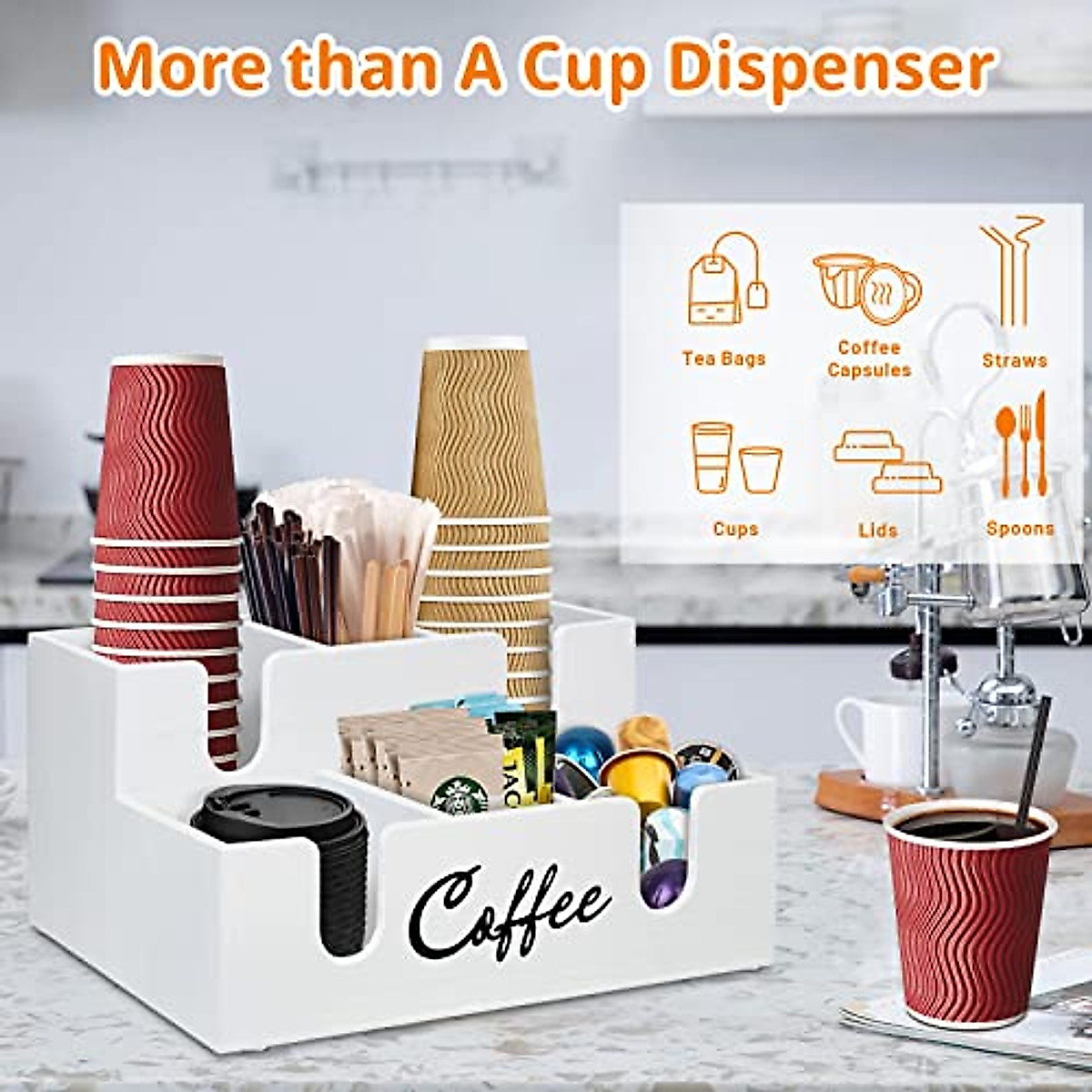 Disposable Coffee Cup Dispenser Lid Holder for Counter, Wood 6 Compartments Coffee Station Organizer for Cup Lid Sleeve Pods Condiment, Paper Cup Dispenser Coffee Bar Accessories Storage Organizer