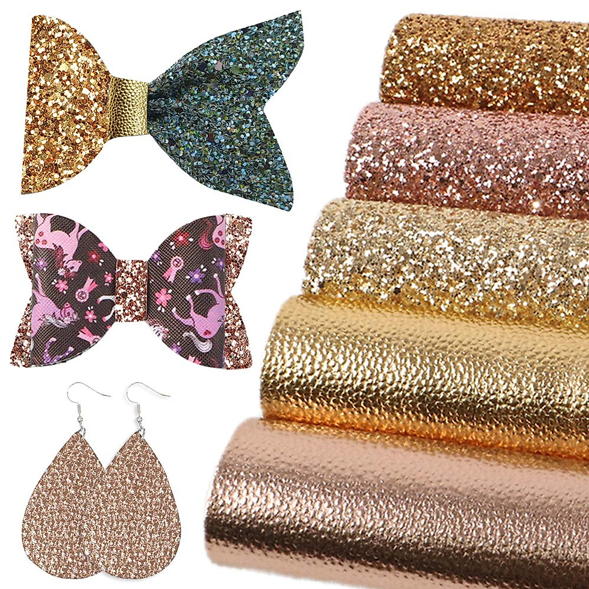 David accessories Chunky Glitter Faux Leather Sheets Metallic Grain Texture Pattern Fabric Crafts 5Pcs 7.7" x 12.9" (20 cm x 33 cm) for DIY Bows Clips Making Materials (Gold Series)