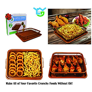 Deluxe Copper Crisper - 2-Pieces Nonstick Oven Air Fryer Pan/Tray & Mesh Basket Set - Air Fryer in Oven - Ideal for French Fry - Frozen Food, Baking Sheet without Oil - Bonus Pizza Cutter - WHG