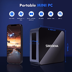 SIMODEWA Mini PC - 12TH Intel Alder Lake - N N95 up to 3.4 GHz, 16GB DDR4/512GB NVMe SSD, Windows 11 Pro, 4K Display Dual HDMI, USB 3.0 * 4, WiFi 5 BT 4.2 for Office and Home Using