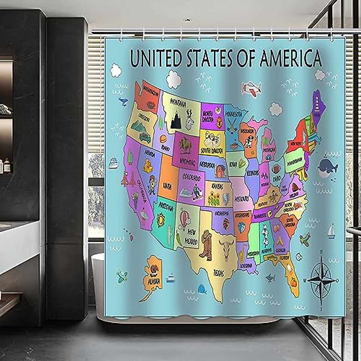 DLTAY United States Map Shower Curtain, USA Shower Curtain Cartoon Animal US Map Kids Educational Shower Curtain Set Waterproof Bath Tub Curtain Bathroom Decor with 12 Hooks, 72x72 inches