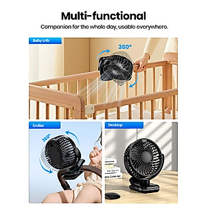 TOPK Portable Clip on Fan, 5000mAh Small Rechargeable Fan, Battery Operated, 4 Speeds, 720° Rotation, Ultra-Quiet, Personal Cooling Desk Fan for Bedroom/Office/Stroller/Golf/Library/Travel/Camping