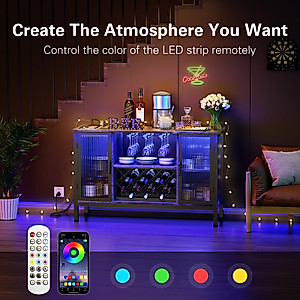 Zarler Bar Table Cabinet with Power Outlet and Light, LED Wine Bar Stand for Liquor and Glasses, Metal Home Mini Bar with 4-Tier Storage (Dark Grey), 13.4″D x 47″ W x 29.5″H, WBC001