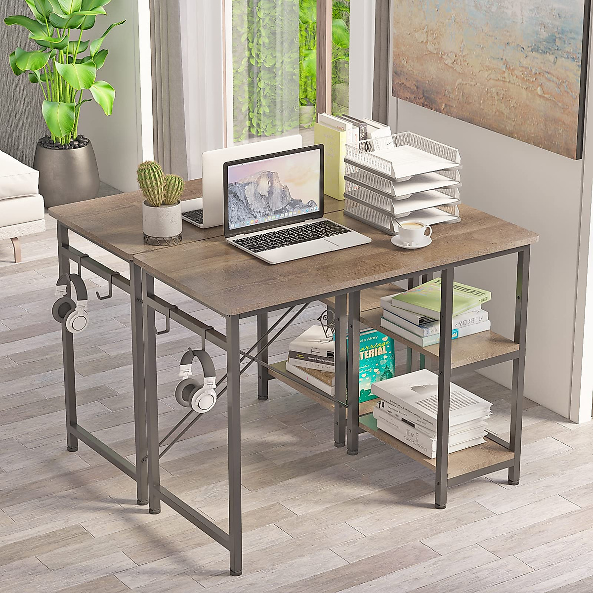 Engriy Writing Computer Desk 39", Home Office Study Desk with 2 Hooks and Storage Shelves on Left or Right Side, Industrial Simple Workstation Wood Table Metal Frame for PC Laptop, Black Oak