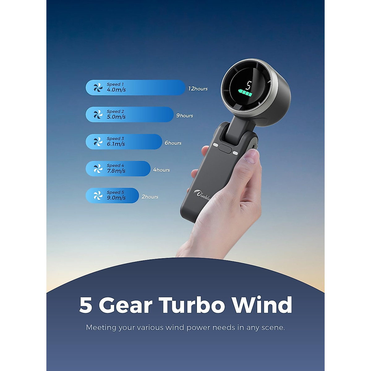 Diveblues Portable Handheld Turbo Fan, 5 Gear Wind, Battery Operated, Up to 12 Working Hours, 3 IN 1 Hand Fan with Air Turbo Tech Cooling Fan for Outdoor Activities, Travel, Working
