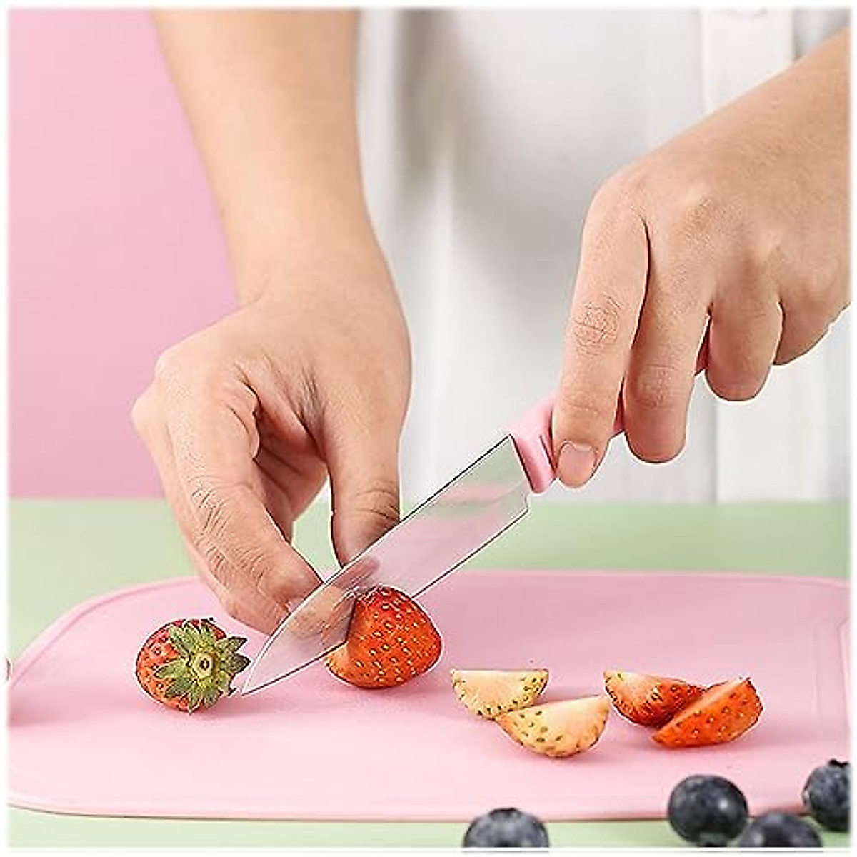 Mini Travel Cutting Board Set, 4 Pcs Portable Mini Camping Plastic Cutting Board & Knife, Fruits & Vegetable Peeler Scissors(Pink)