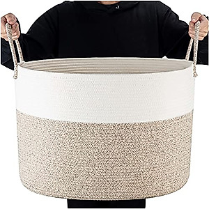 MINTWOOD Design Extra Large 22 x 14 Inches Cotton Rope Blanket Basket Living Room, Woven Laundry Basket, Toy Storage Baskets Bin, Decorative Round Pillow Towel Basket with Handles