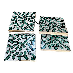 Green Flower Ceramic Tile Painted 4x4 - Moroccan Hand Painted Square Tile Zellige for Kitchen Backsplash, Outdoor/Indoor Tiles Bathroom or Shower Tile, Handmade Ceramic Traditional Tile (50 Tiles)
