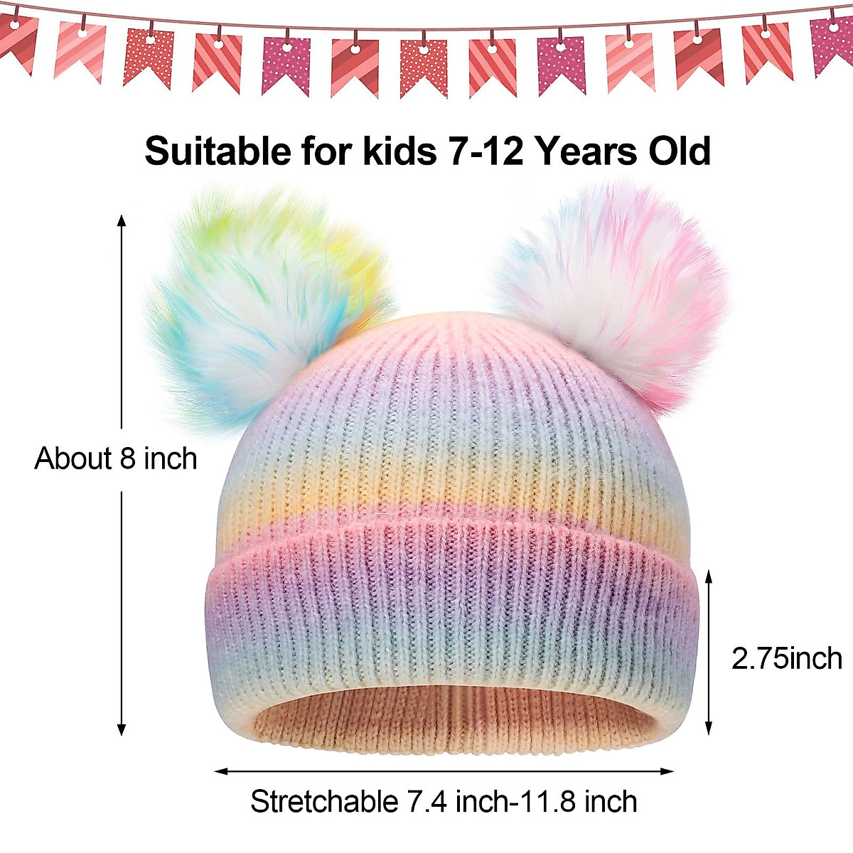 ACTLATI Kids Winter Knitted Beanie Hat Colorful Pompom Ears Ski Hat for Boy Girl(Ages 7-12)