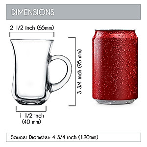 Volarium Small Turkish Tea Set 12 Piece Modern Turkish Tea Glasses & Saucers Set, 6 PCs 4.9 oz (145 cc) Clear Glass Tea Cups with Handle and 6PCs Glass Saucers