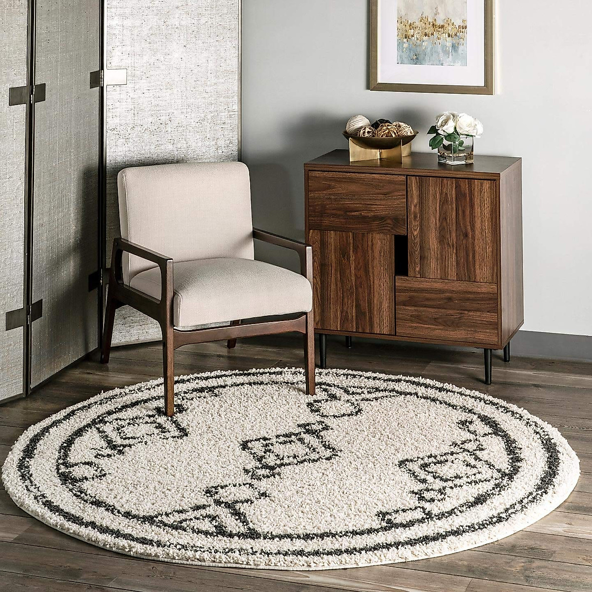nuLOOM Mira Moroccan Diamond Plush Soft Shag Area Rug, 6' Round, Off-white