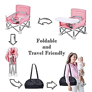 Agudan Baby Travel Booster Seat - Toddler Foldable Camping Chair | Compact Portable Baby Seat with Removable Dining Tray for Boys Girls (Pink)