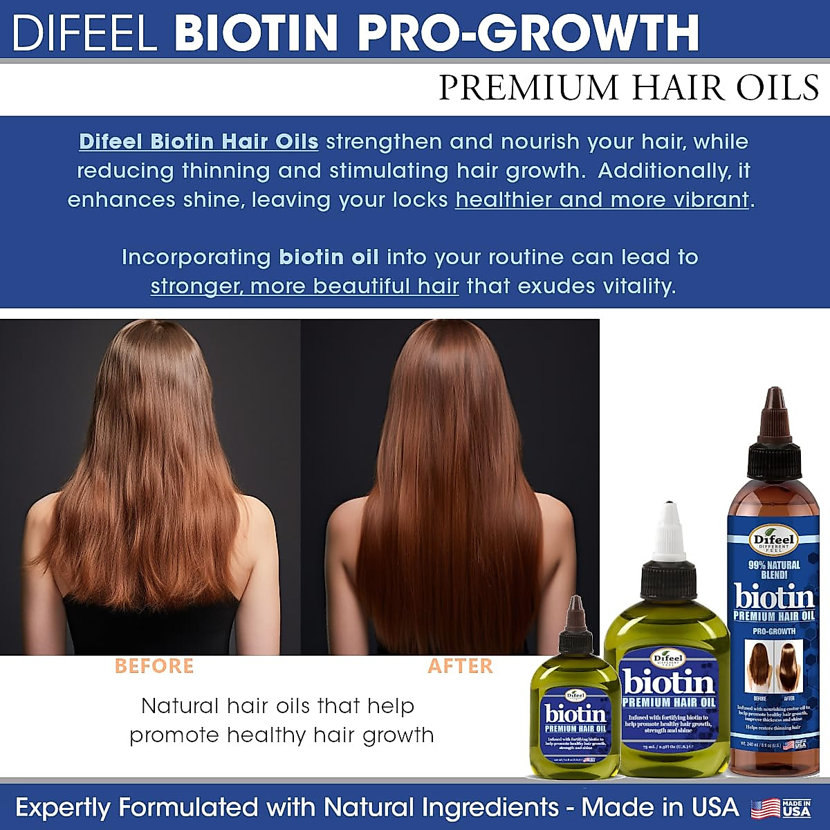 Difeel Pro-Growth Biotin Shampoo 4-PC Set- Includes Biotin Shampoo 33.8 oz, Leave-in Conditioning Spray 6oz, Hair Mask 12 oz AND Biotin Hair Oil 7.78oz