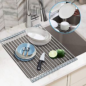 Dish Drying Rack, 2 Pack Roll up Drying Rack, Foldable Utensil Plates Holders, Multipurpose Over Sink Dish Rack Rustproof Silicone Dish Drainers Heat Resistant Mat for Kitchen(18.5x13.8inch)