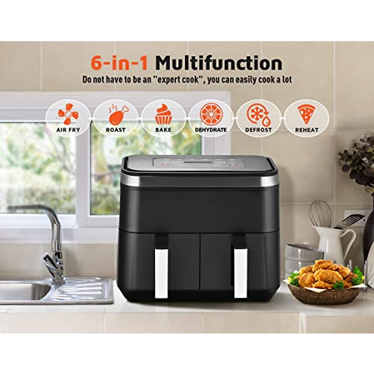 DyBaxa 10Qt 6-in-1 Dual Basket Air Fryer, 2 Independent Air Fry Baskets, ClearCook Windows, Easy-to-Control Panel, Roast Broil Dehydrate&More for Quick & Easy Meals, Nonstick & Dishwasher-Safe Basket