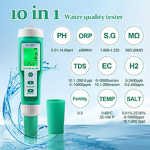 Hydrogen Water Tester 10 in 1 Resistivity/Fertility/H2/pH/TDS/EC/ORP/S.G/Salt/Temp Meter with ATC pH Meter,0.01 High Accuracy pH Tester Digital,TDS Meter PPM Meter for Drinking,Hydroponics,Pool.